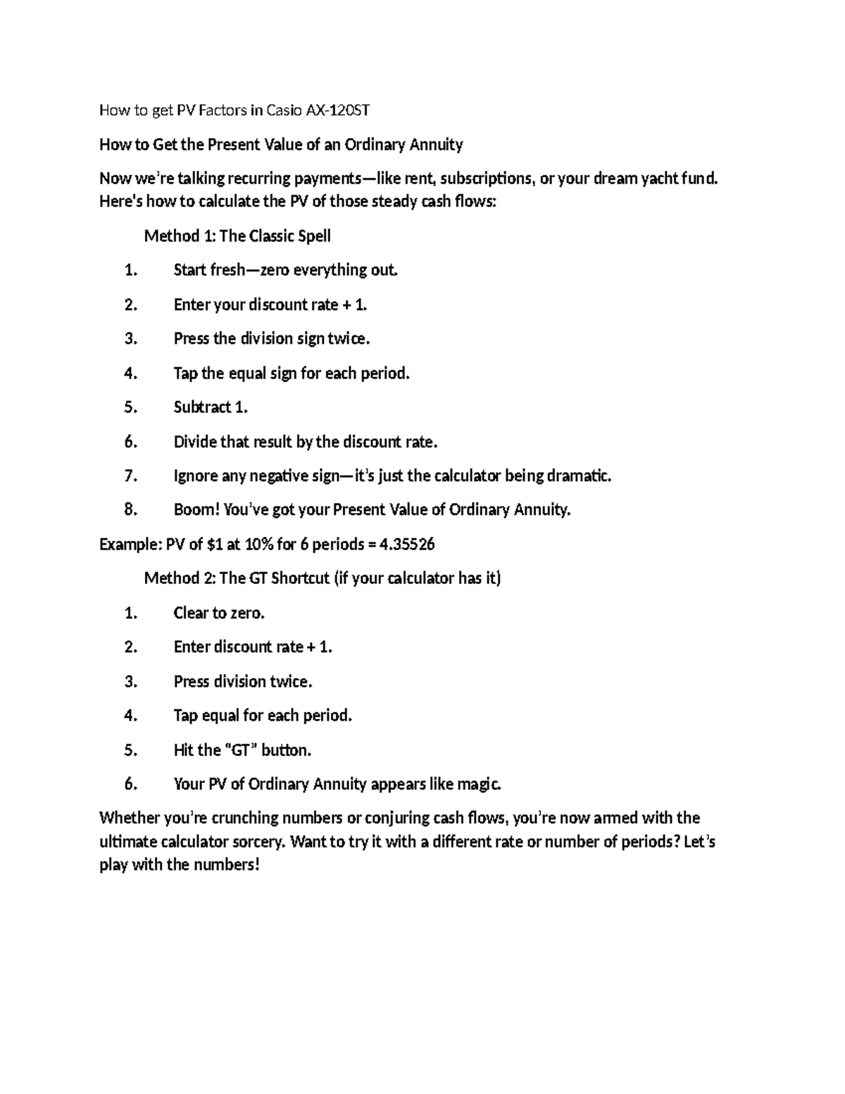 How to Calculate PV Factors in Casio AX: A Step-by-Step Guide - Studocu