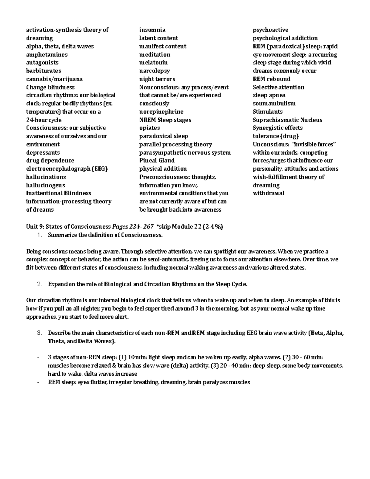 AP Psych Unit 5 Consciousness Reading Guide - activation-synthesis ...