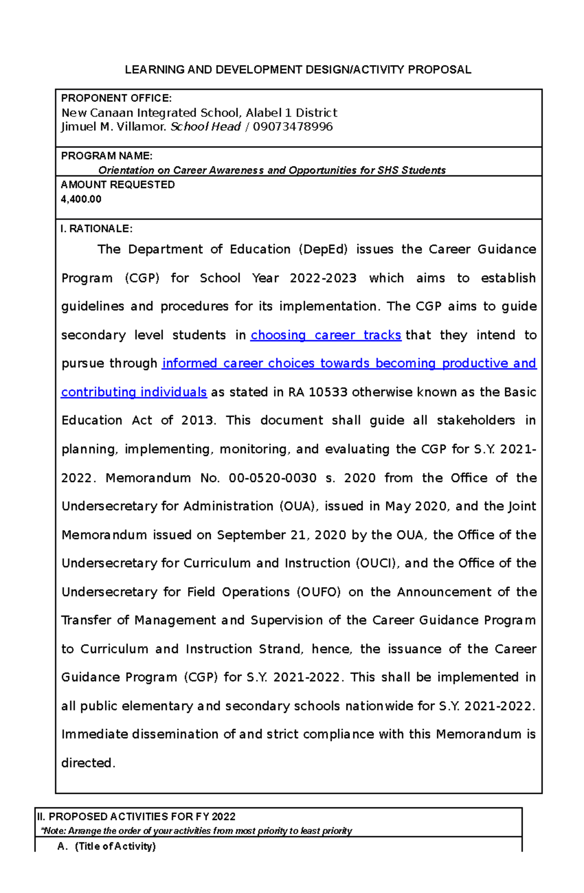 Career Guidance Activity Design 2022 - LEARNING AND DEVELOPMENT DESIGN ...