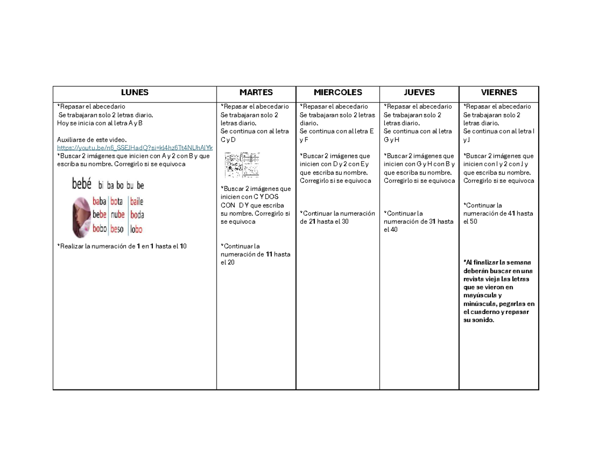 Plan de Apoyo: El Abecedario y Actividades Diarias - Studocu