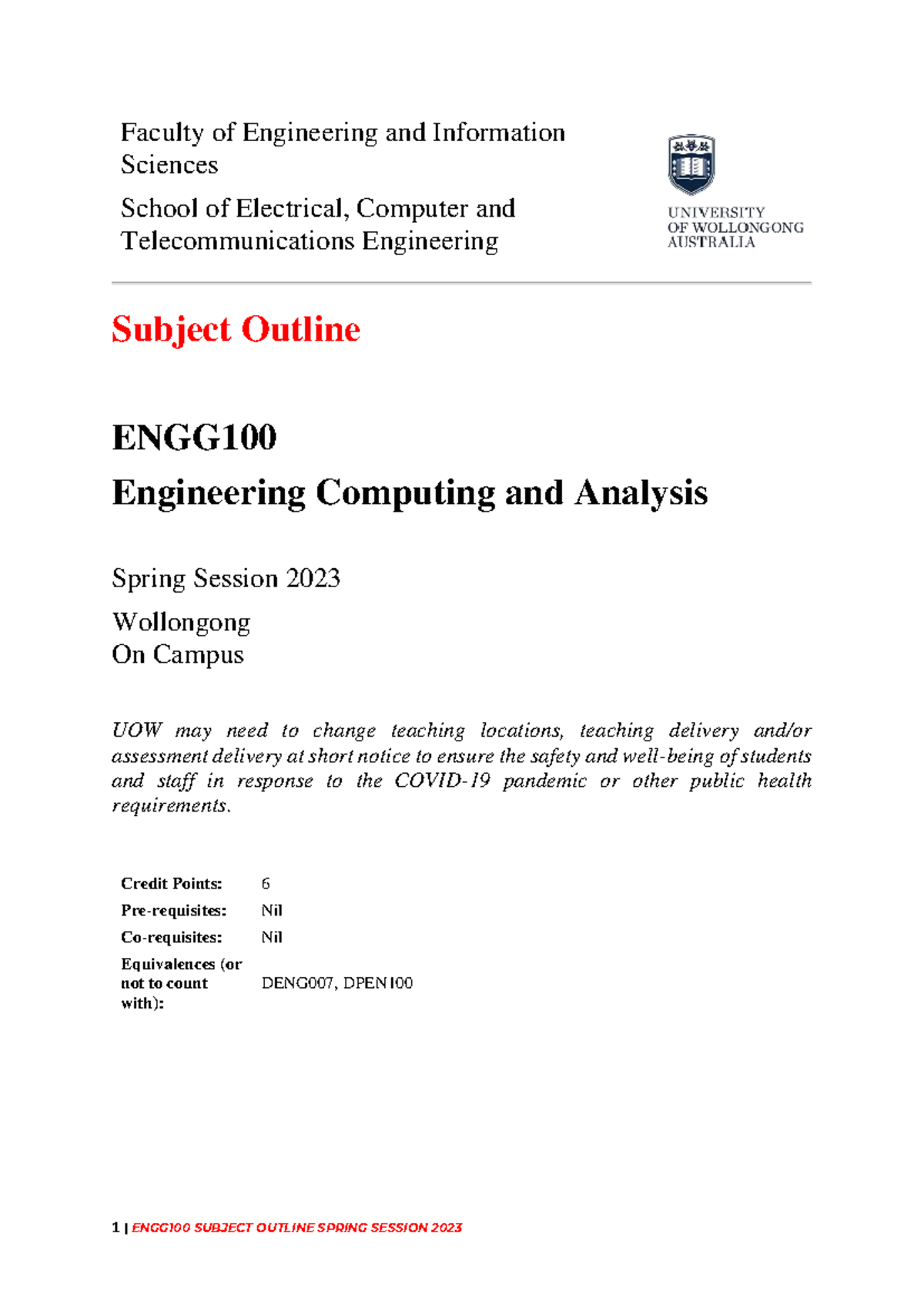 ENGG100 Subject Outline for Engineering Computing - Spring 2023 - Studocu