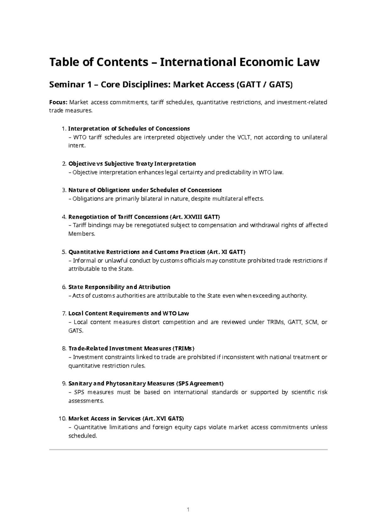 Table of Contents - International Economic Law Seminars (IEL 101) - Studocu