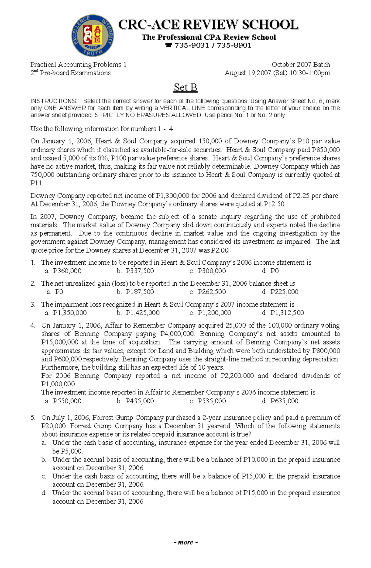 REVIEW: Practical Accounting Problems for CPA 1st Exam (Oct 2007) - Studocu