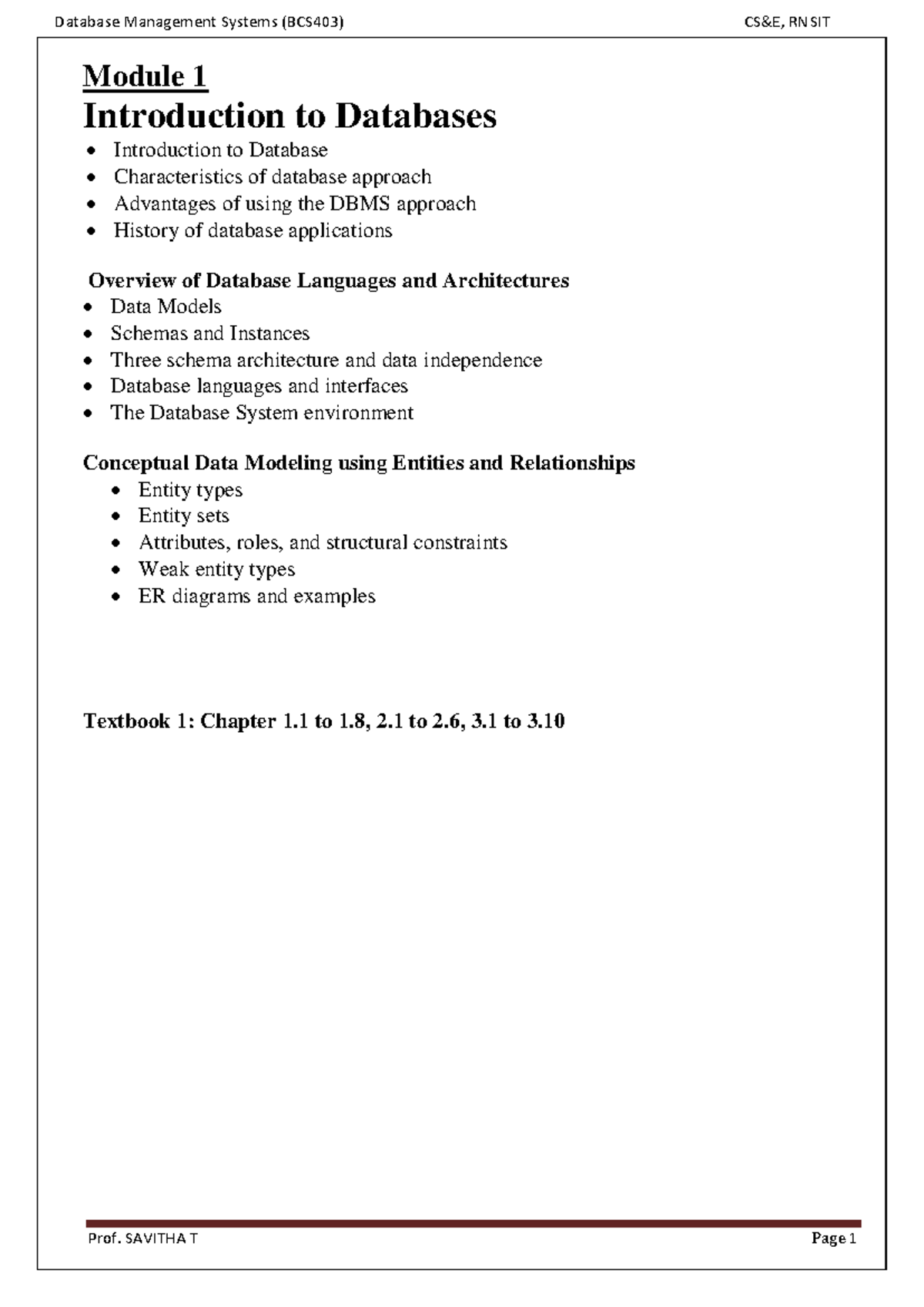DBMS Introductory Concepts and Characteristics - Module 1 - Rnsit - Studocu