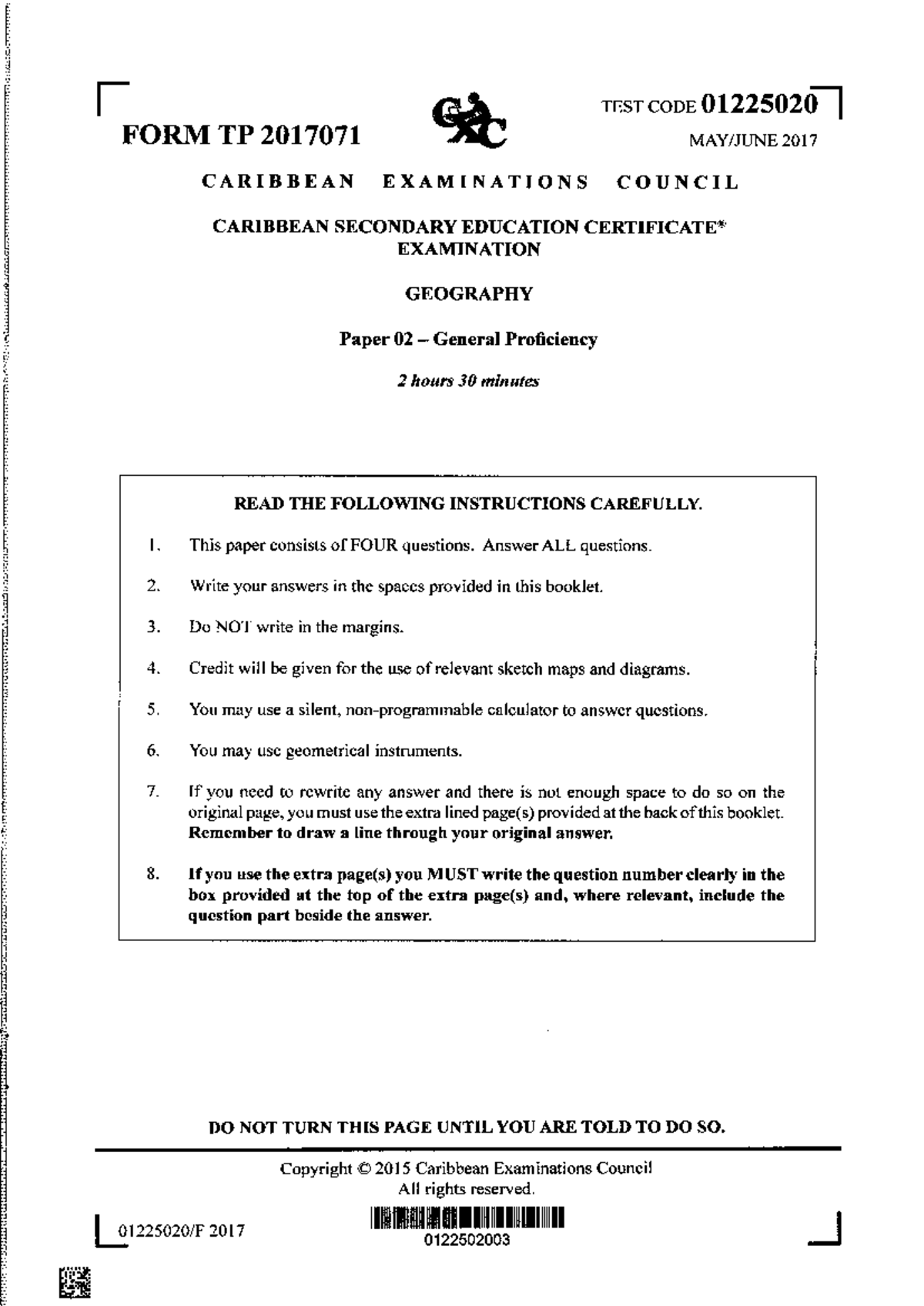 CSEC Geography June 2017 Paper 02 Examination Guide - Studocu