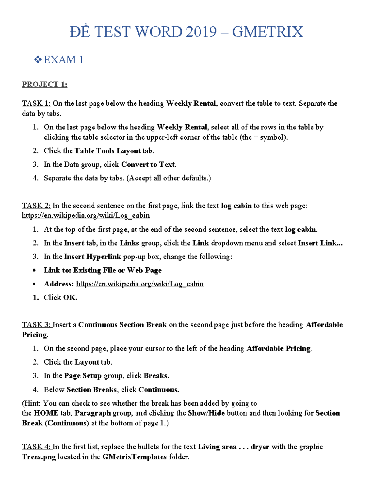 ĐỀ TEST WORD 2019 - GMETRIX: Exam Guide with Projects and Tasks - Studocu