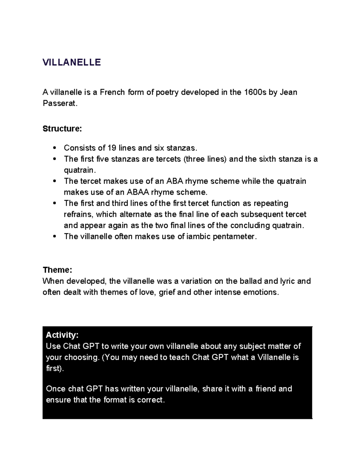 Villanelle - Do not go Gentle - VILLANELLE A villanelle is a French ...