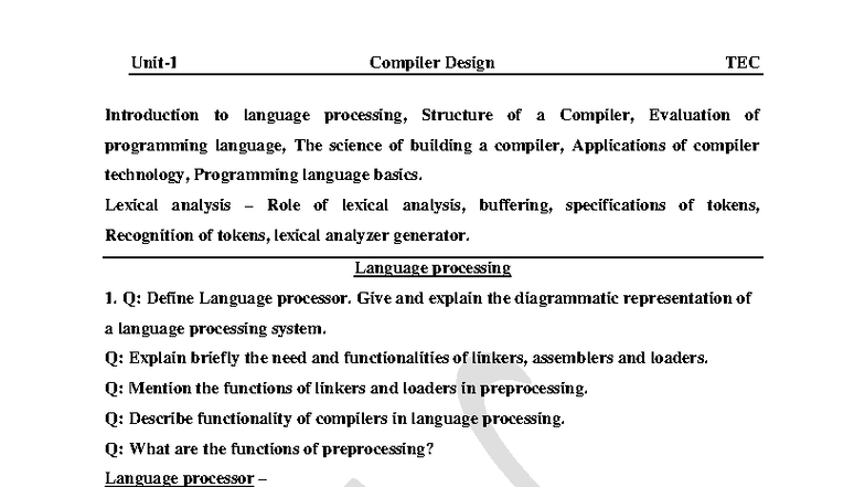 CD - Compiler Design Notes: Language Processing & Compiler Phases - Studocu