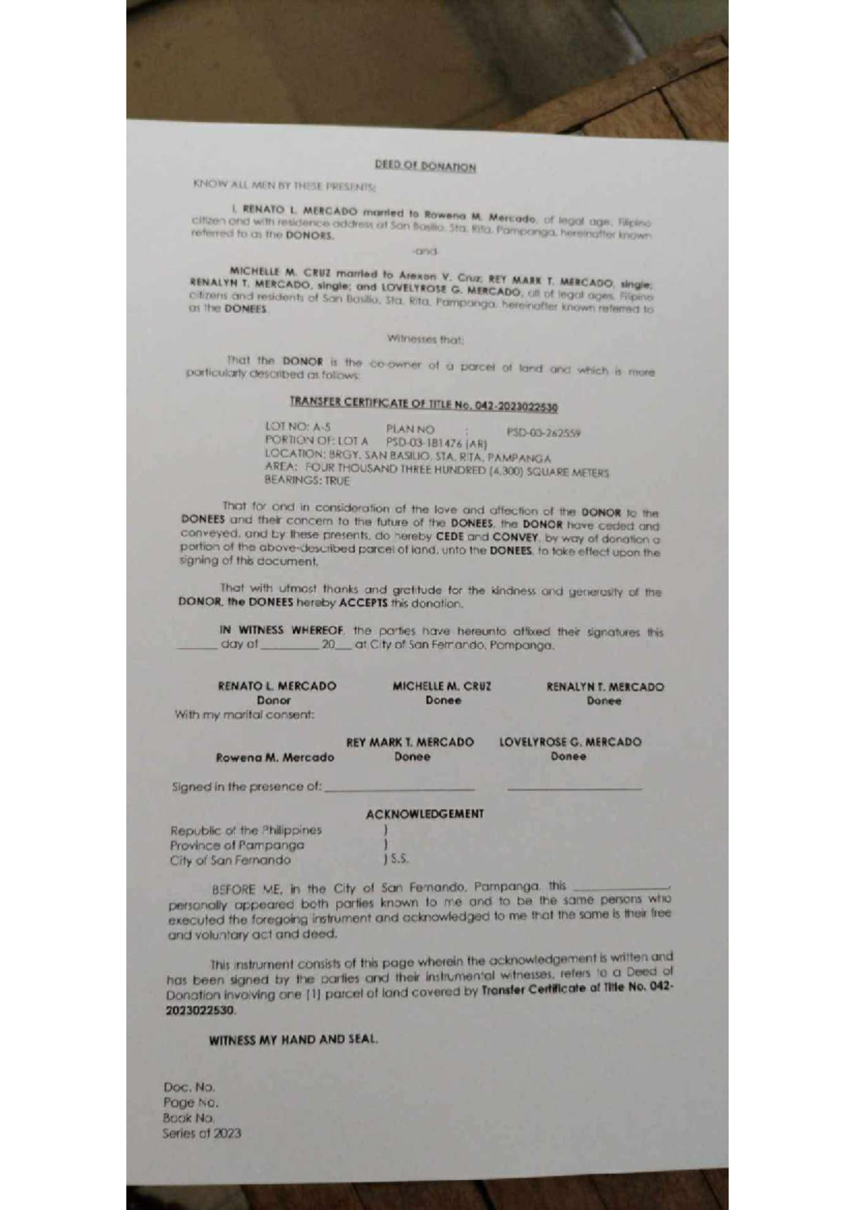 Deed of Donation: Parcel of Land Transfer - TCT No. 2023022530 - Studocu