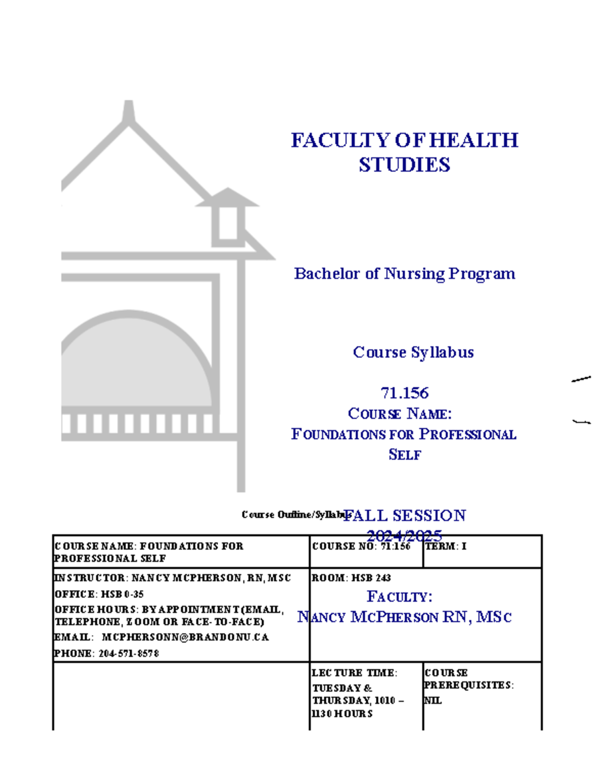 71-156 Foundations for Professional Self Course Syllabus Fall 2024 ...