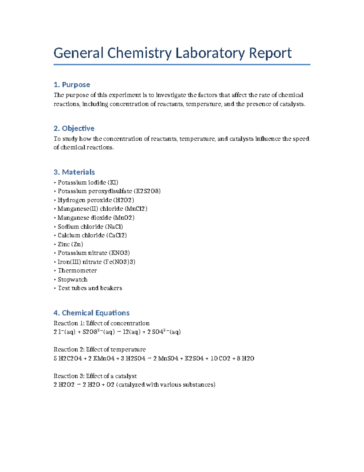 Chemistry Lab Report 1: Factors Affecting Reaction Rates - Studocu