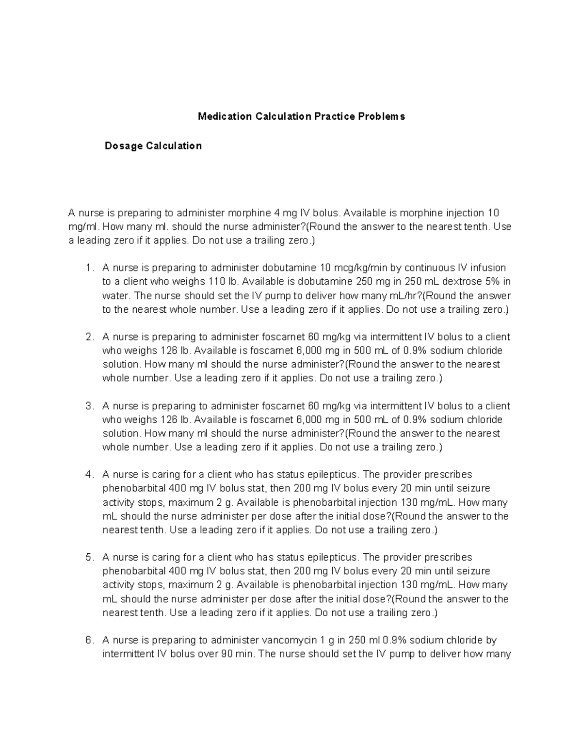 Dosage Calculation Practice Problems for Nursing (NUR 101) - Studocu
