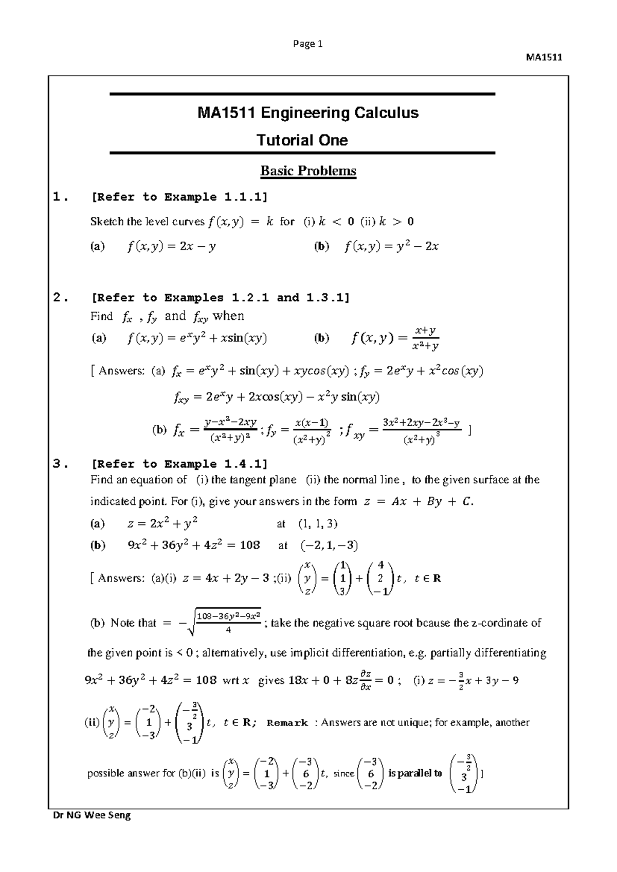 MA1511 Engineering Calculus Tutorial 1: Level Curves & Derivatives ...
