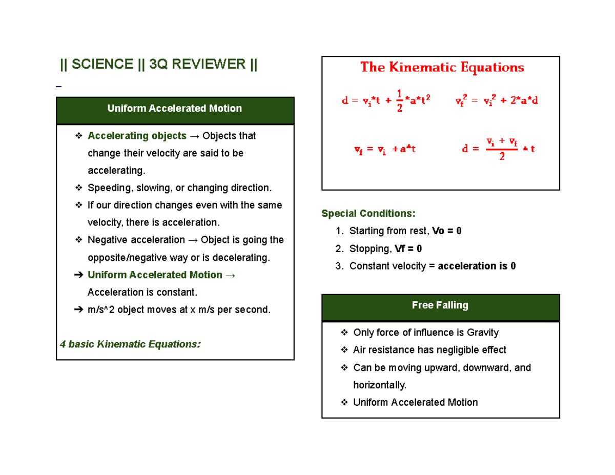 SCIENCE 3Q REVIEWER: Uniform Accelerated Motion in Physics - Studocu