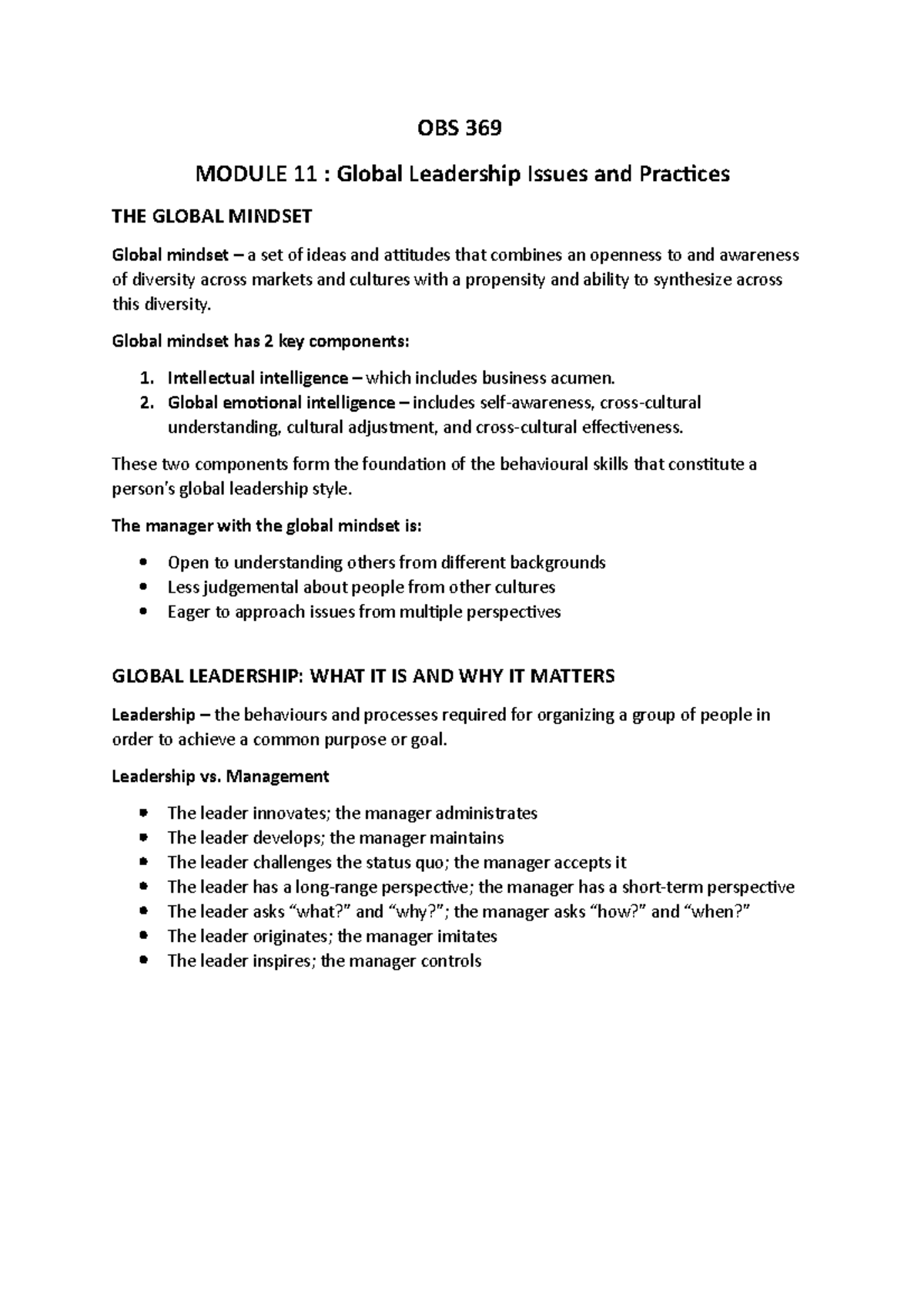 Module 11 - Lecture notes 1 - OBS 369 MODULE 11 : Global Leadership ...