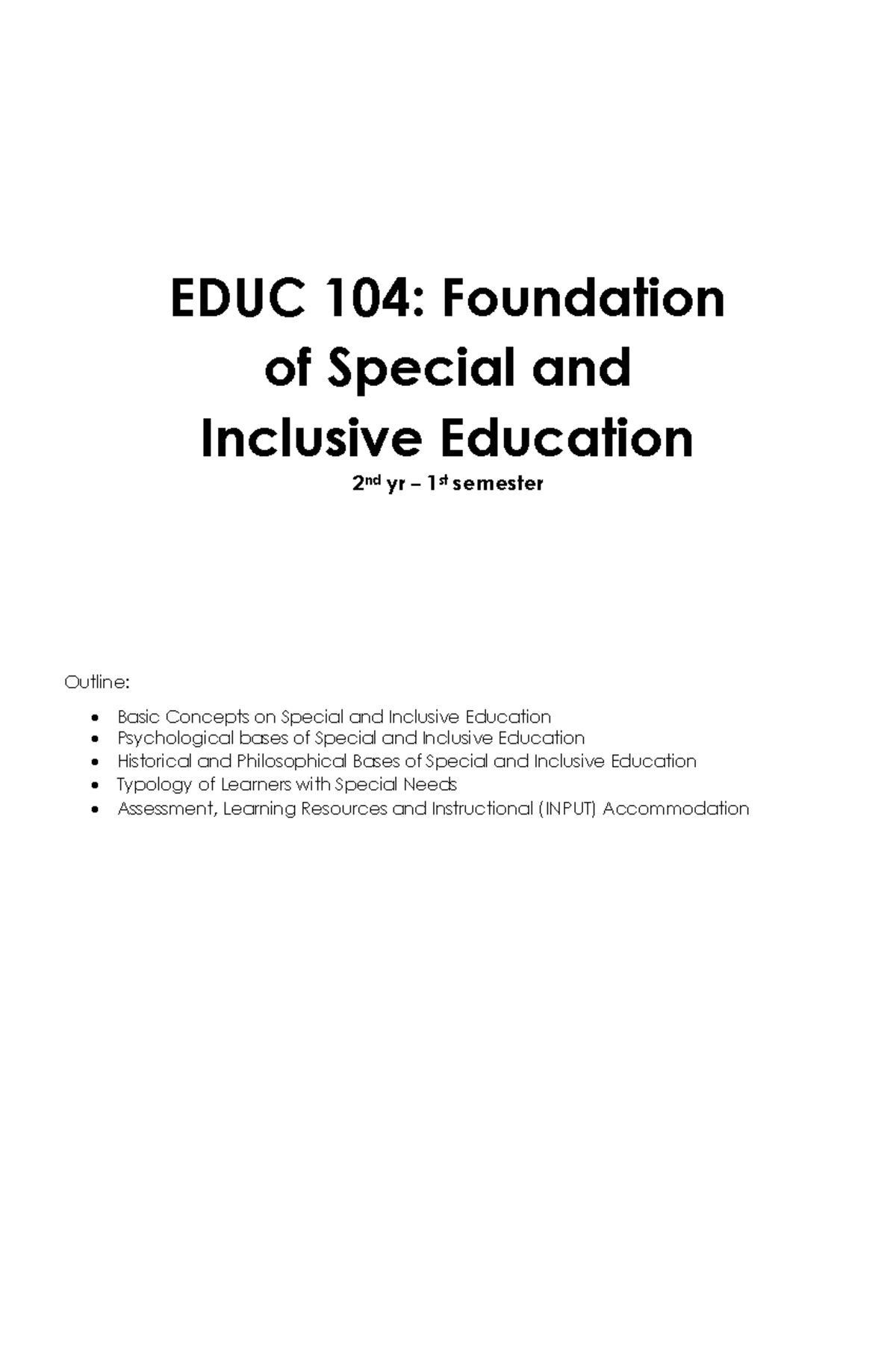 EDUC 104: Foundations of Special and Inclusive Education - Course Outline - Studocu