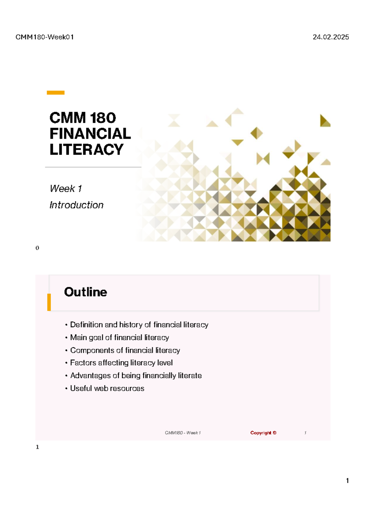 CMM 180 FINANCIAL LITERACY Week 1: Introduction to Financial Literacy ...