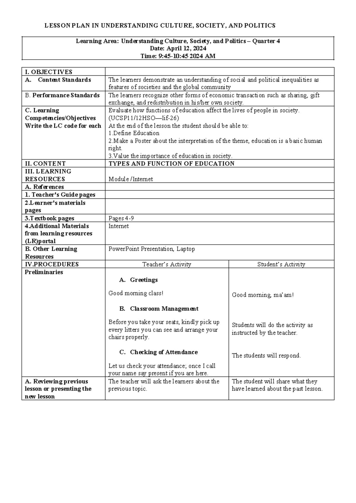 Module 8: Lesson Plan on Culture, Society, and Politics (DLP) - Studocu