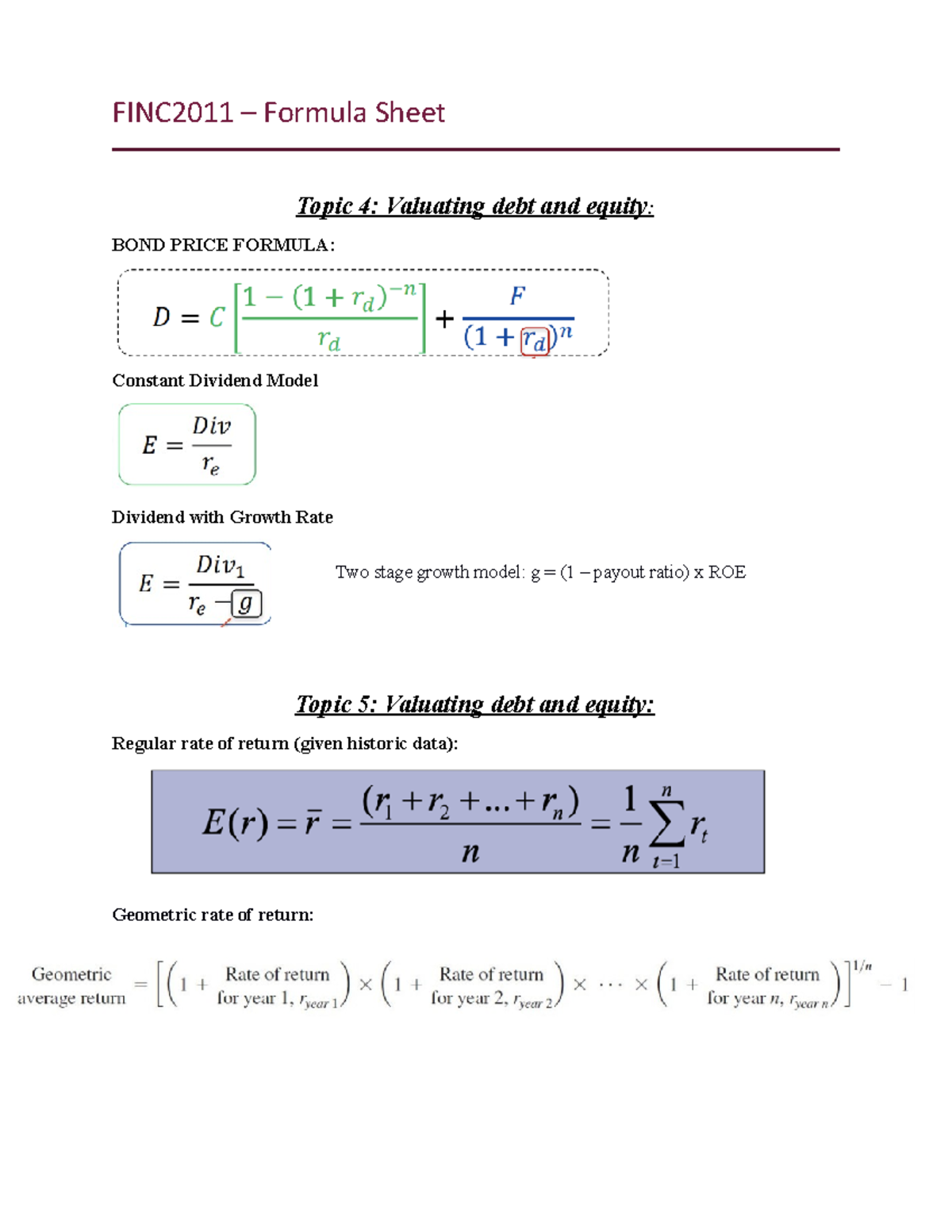 FINC2011 formula sheet quiz 2 - FINC2011 – Formula Sheet Topic 4 ...