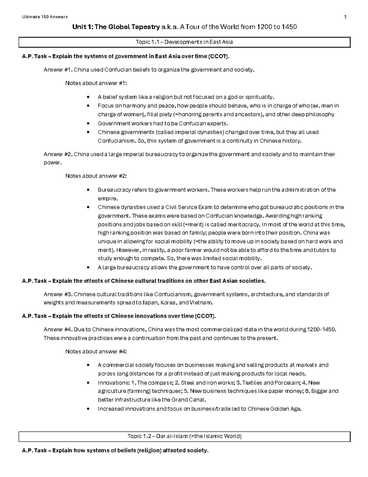 Ultimate 100 Answers for AP World History (1200-1450) Unit 1 Overview ...