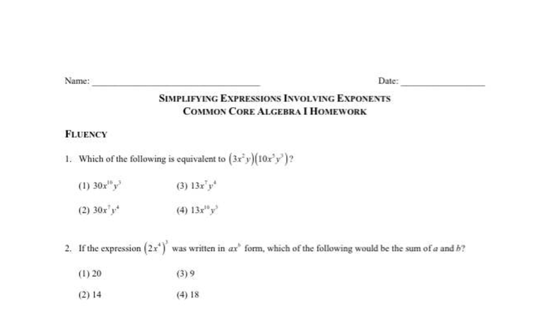 Common Core Algebra I Homework: Simplifying Exponents - Studocu