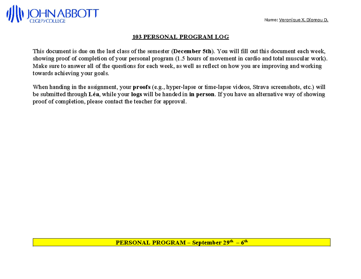 Personal Program Log (D.103) - Weekly Progress & Reflections - Studocu