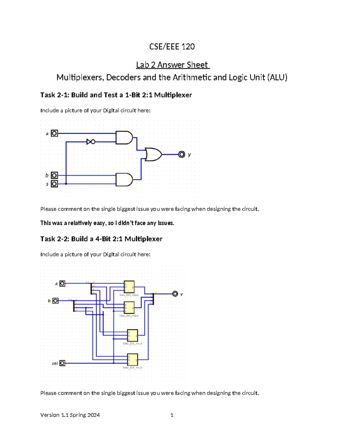 CSE/EEE 120 Lab 2: Multiplexers, ALU & Circuit Testing Report - Studocu
