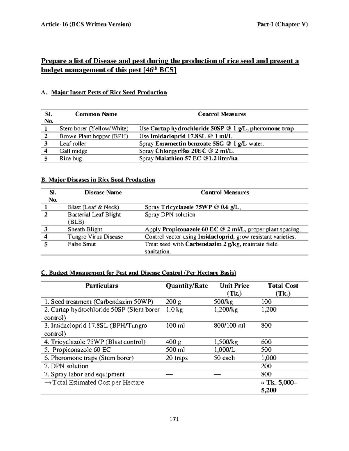(BCS Written Version) (Chapter V) Pest & Disease Management Budget for ...