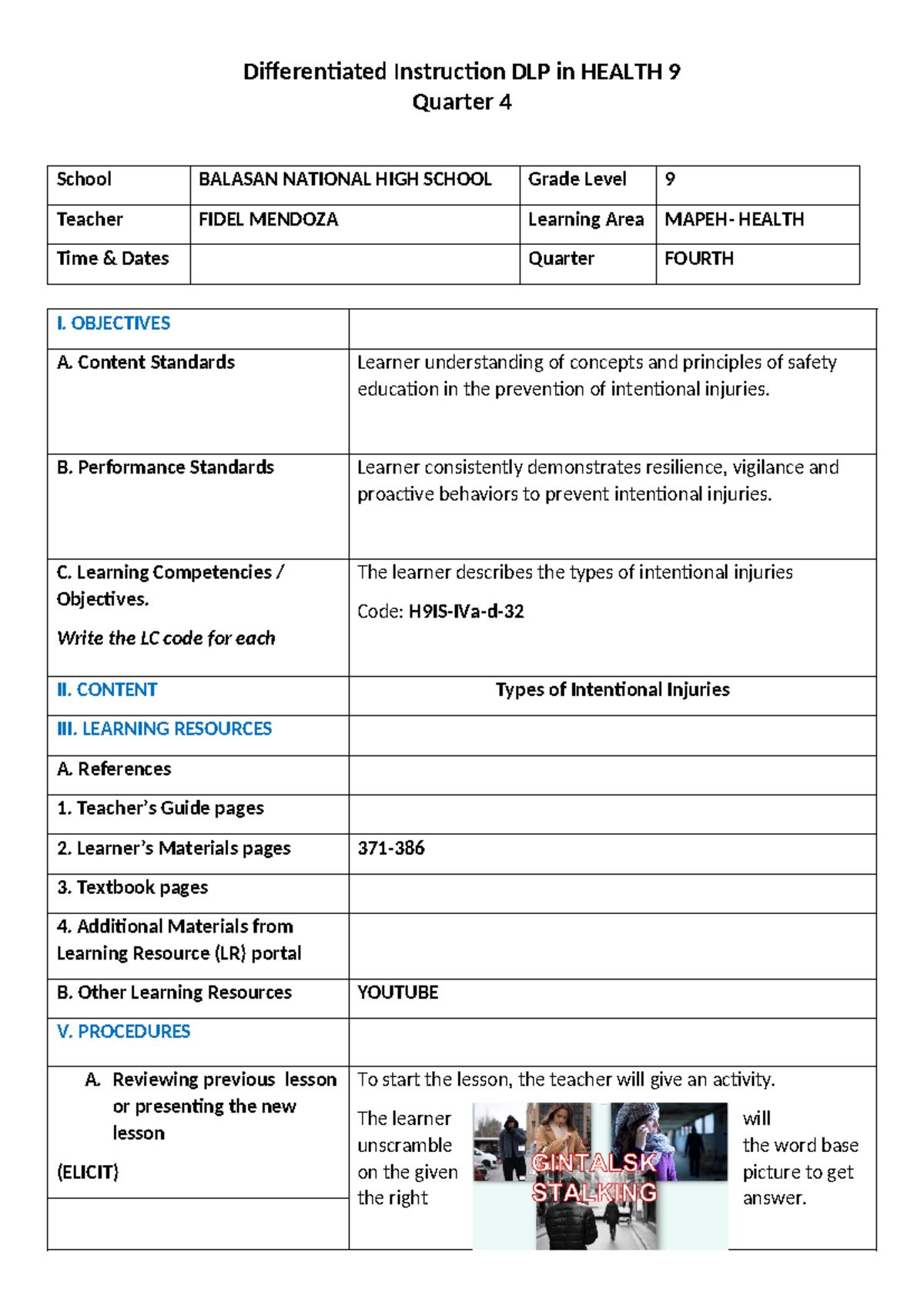 Health - Intentional Injuries - Differentiated Instruction DLP in ...