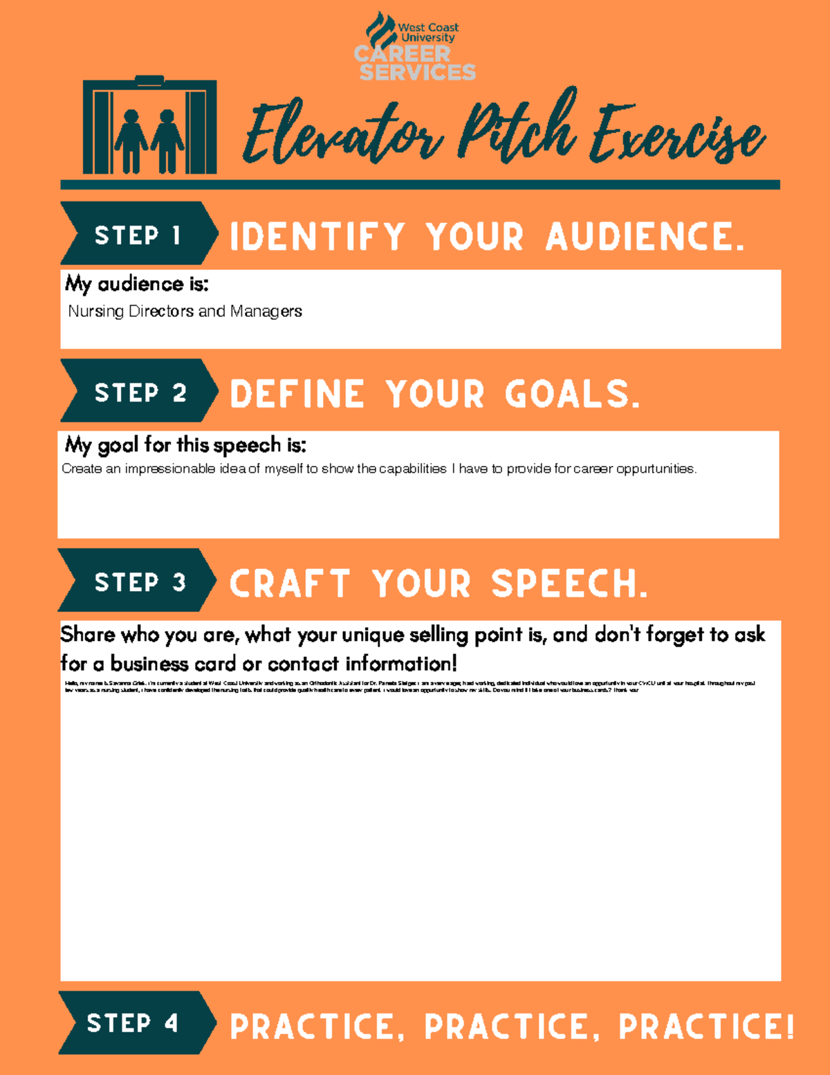 Elevator Pitch Exercise Sheet - Elevator Pitch Exercise Step 1 Step 2 ...
