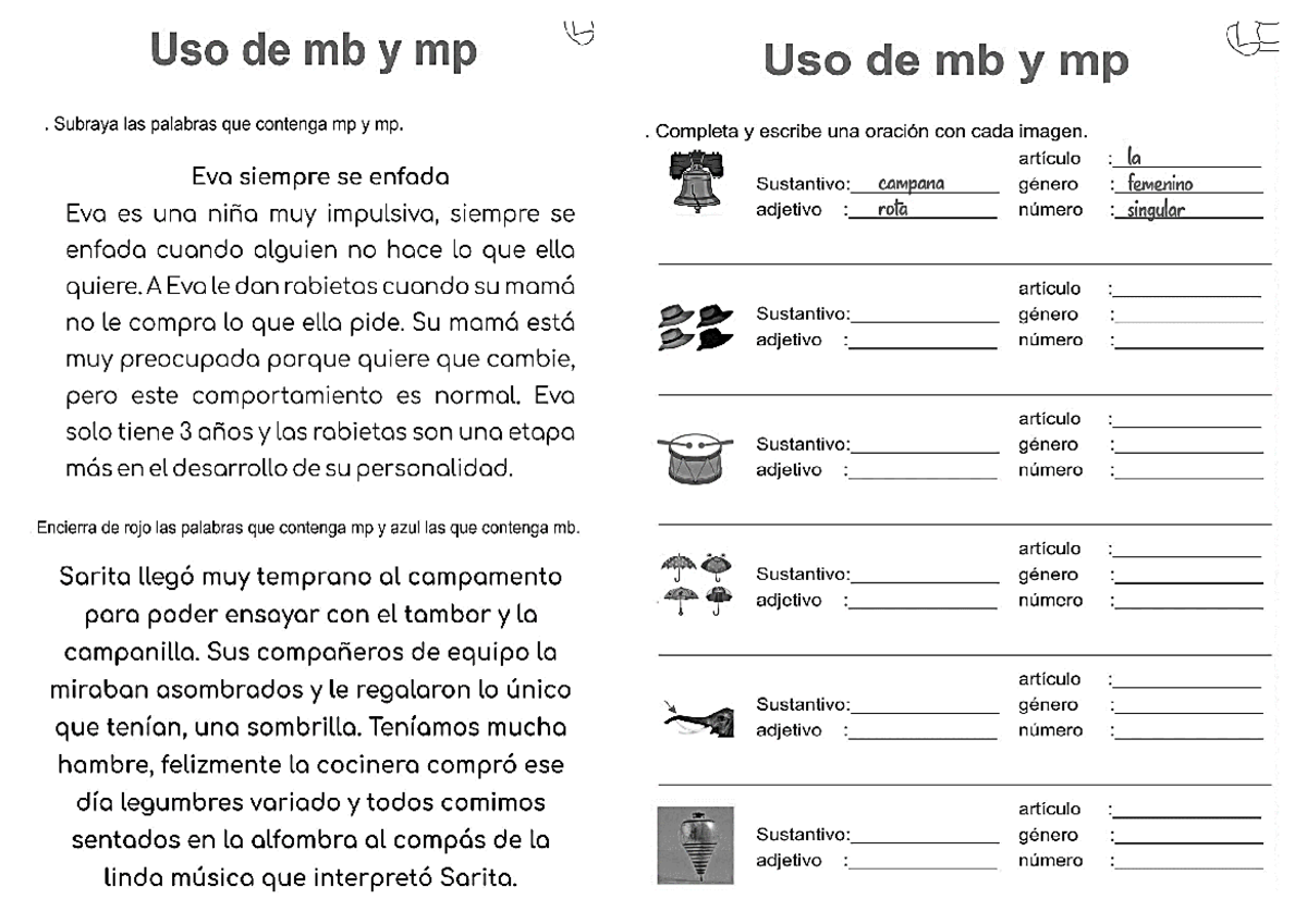 Ficha mp mb - Uso de mb y mp Uso de mb y mp Subraya las palabras que contenga mp y mp. Completa ...