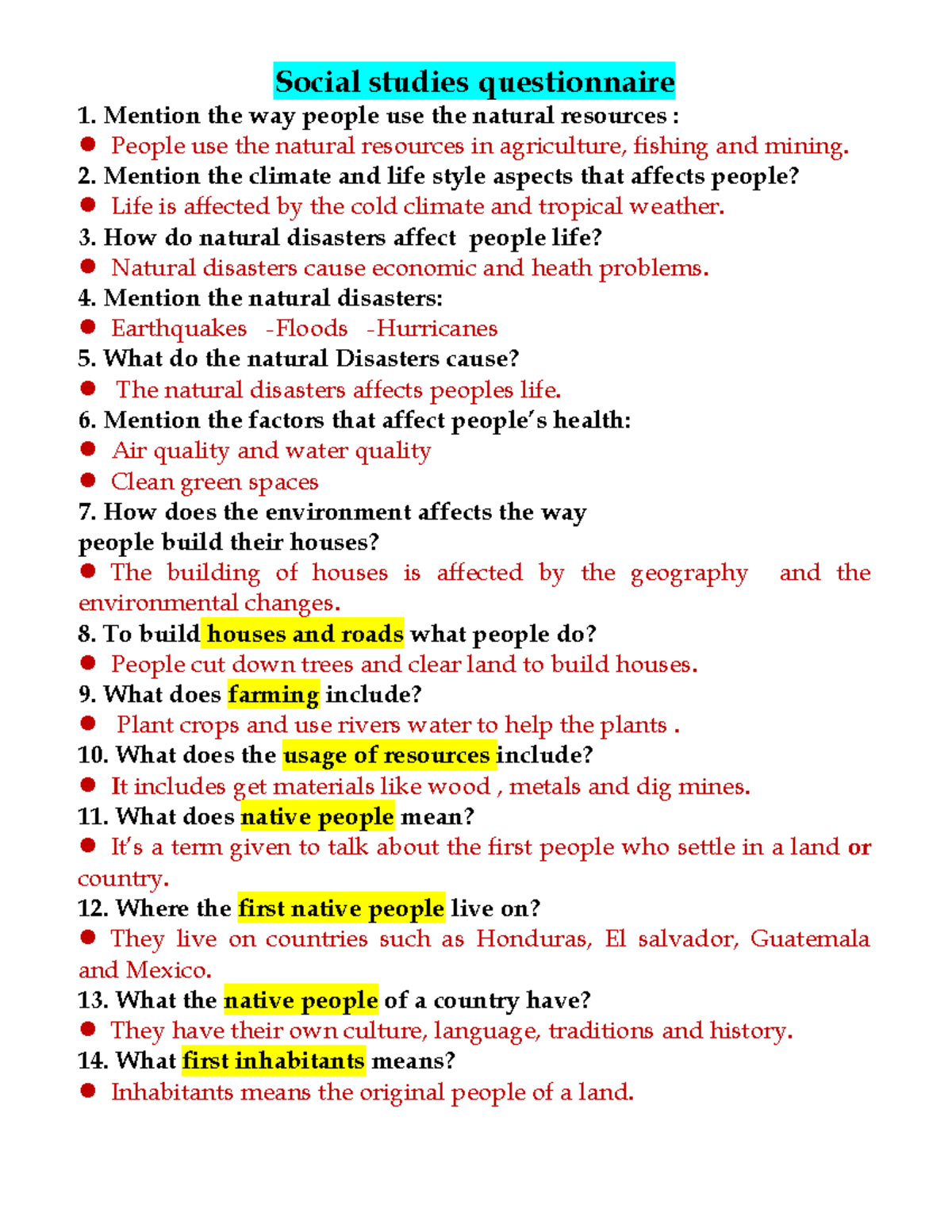 Social Studies Questionnaire 1: Natural Resources & Disasters - Studocu