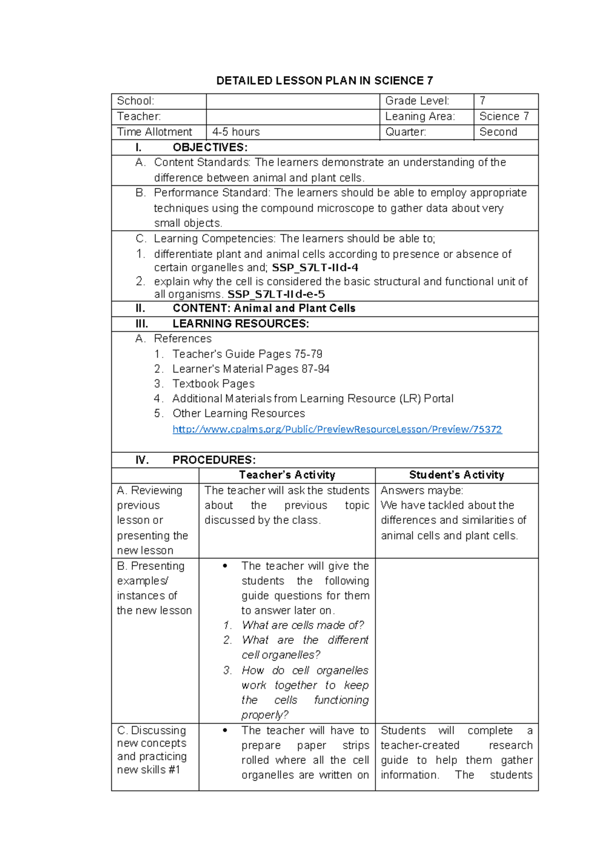 SSP S7LT-IId-4 Lesson Plan on Animal and Plant Cell Organelles - Studocu