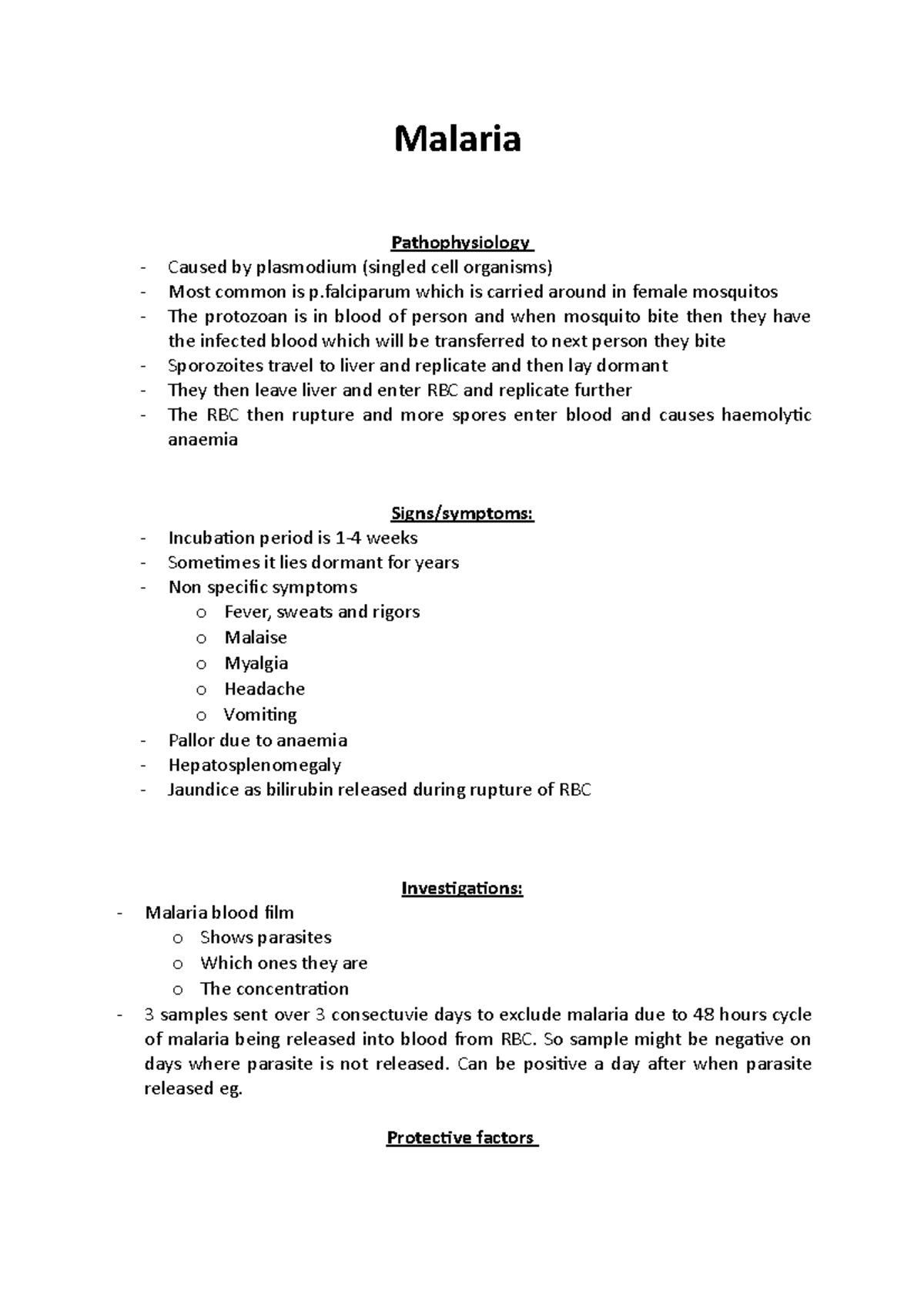 Malaria Lecture Notes: Pathophysiology, Symptoms, and Management - Studocu