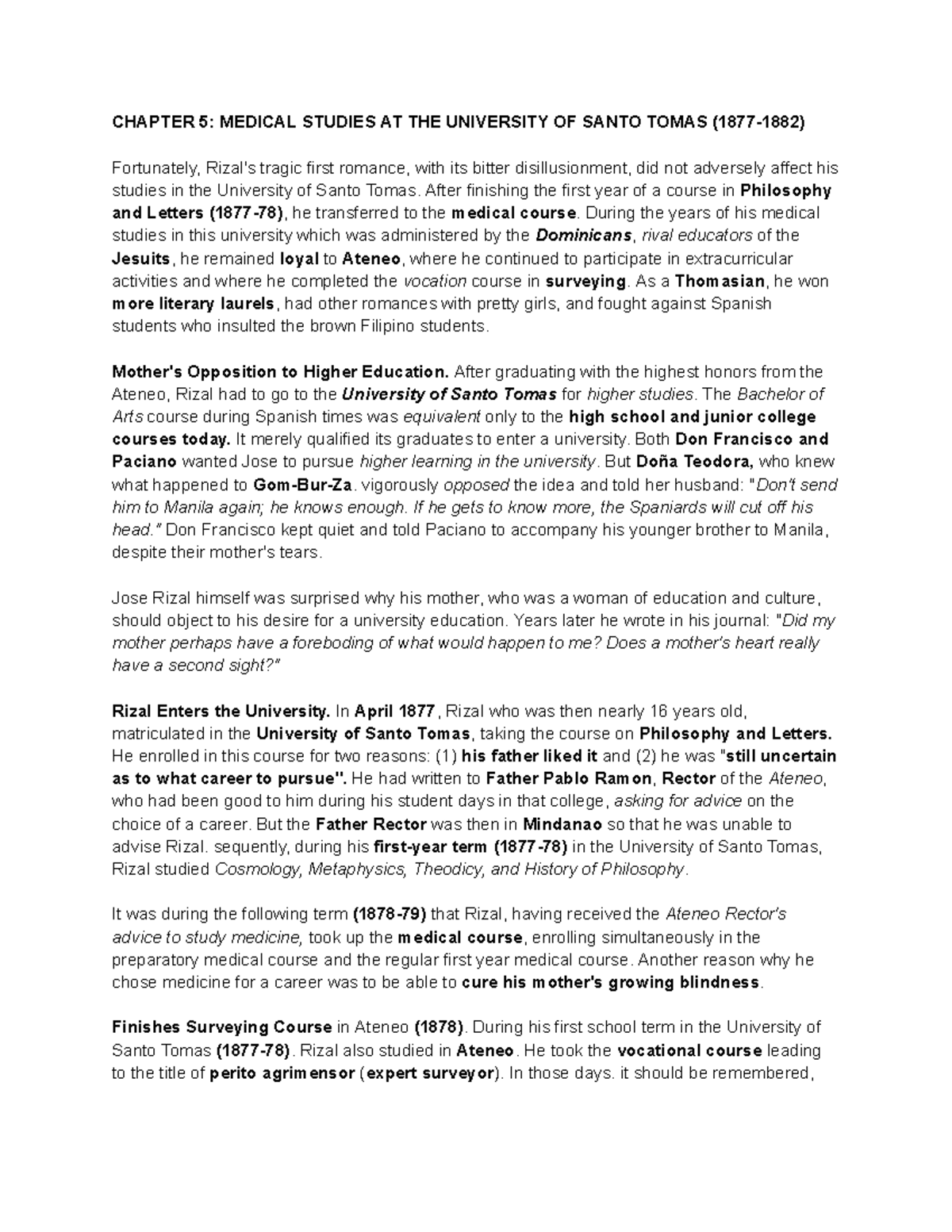 Chapter 5: Medical Studies of Rizal at UST (1877-1882) - Studocu