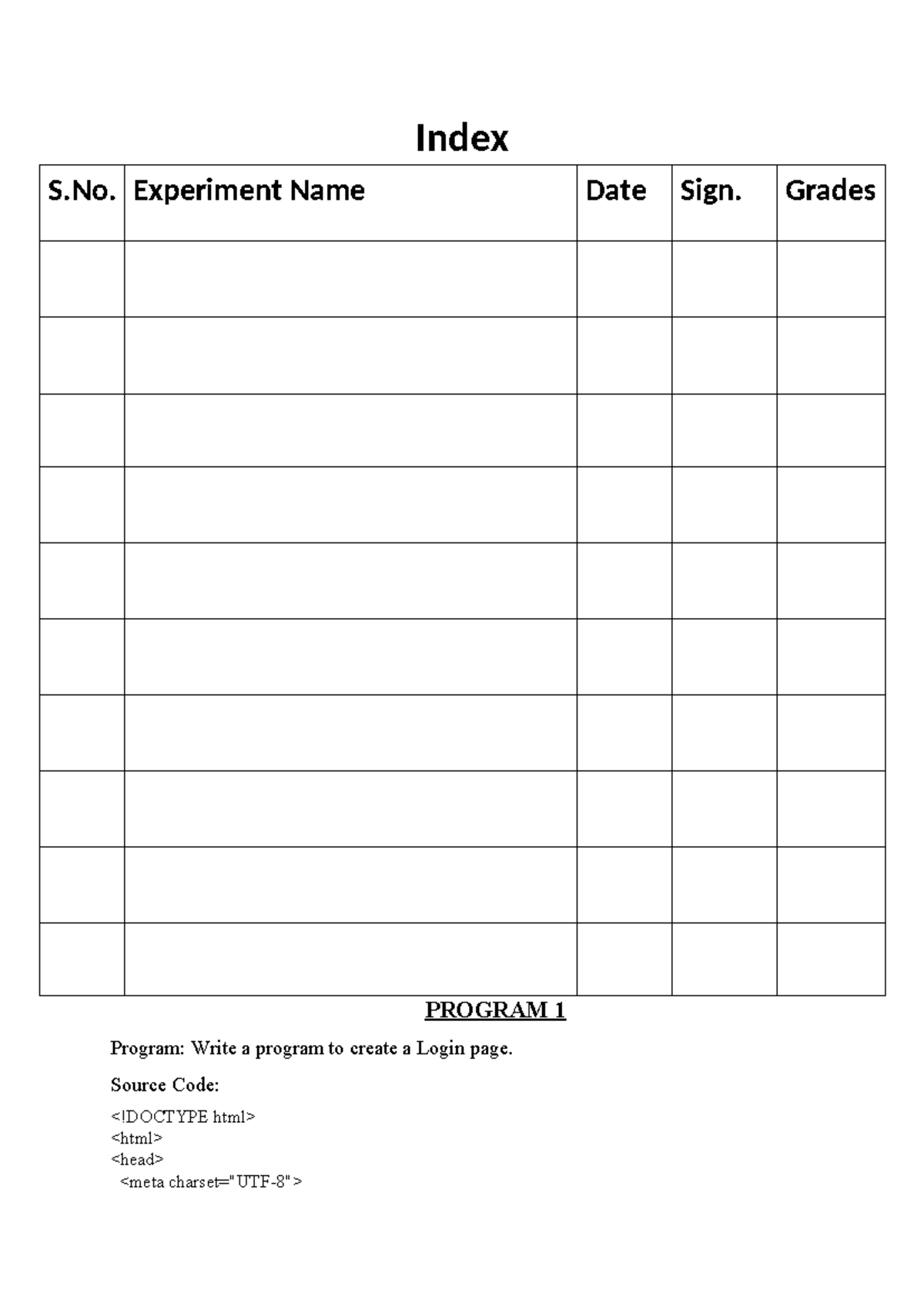 WT Lab File - practicals - Index S. Experiment Name Date Sign. Grades PROGRAM 1 Program: Write a ...