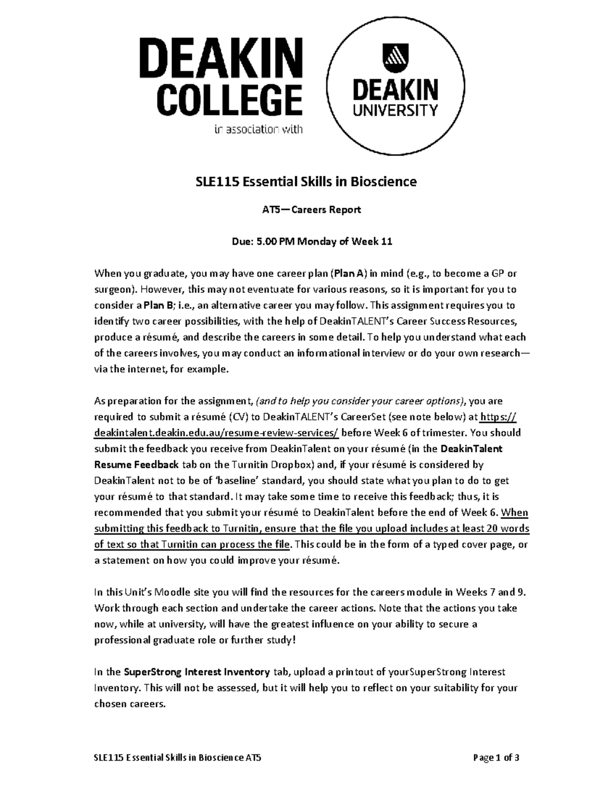 SLE115 Essential Skills in Bioscience: Career Plans Report Guidelines ...