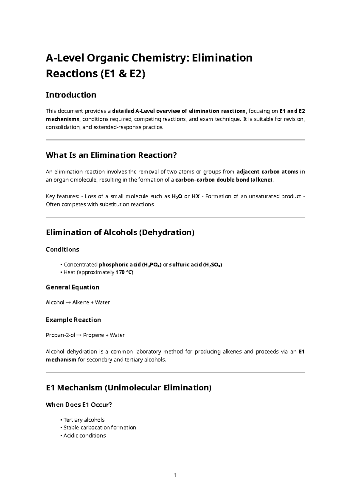 A-level Chemistry: Organic Chemistry Elimination Reactions Notes - Studocu