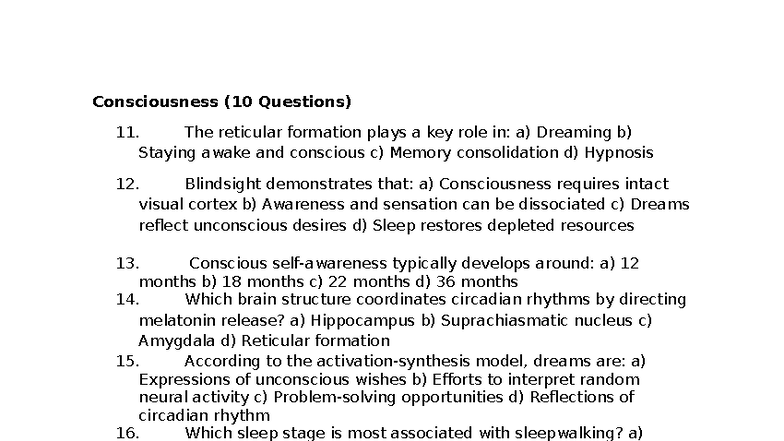 Consciousness PSYC 100 Quiz Questions and Answers - Studocu