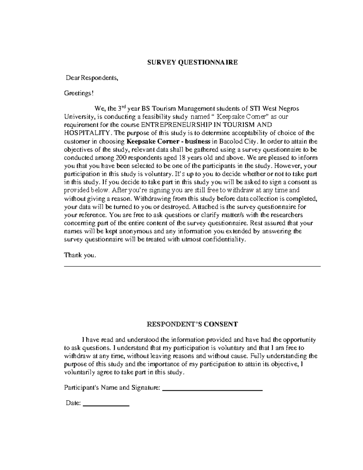 Survey Questionnaire for Feasibility Study on Keepsake Corner ...