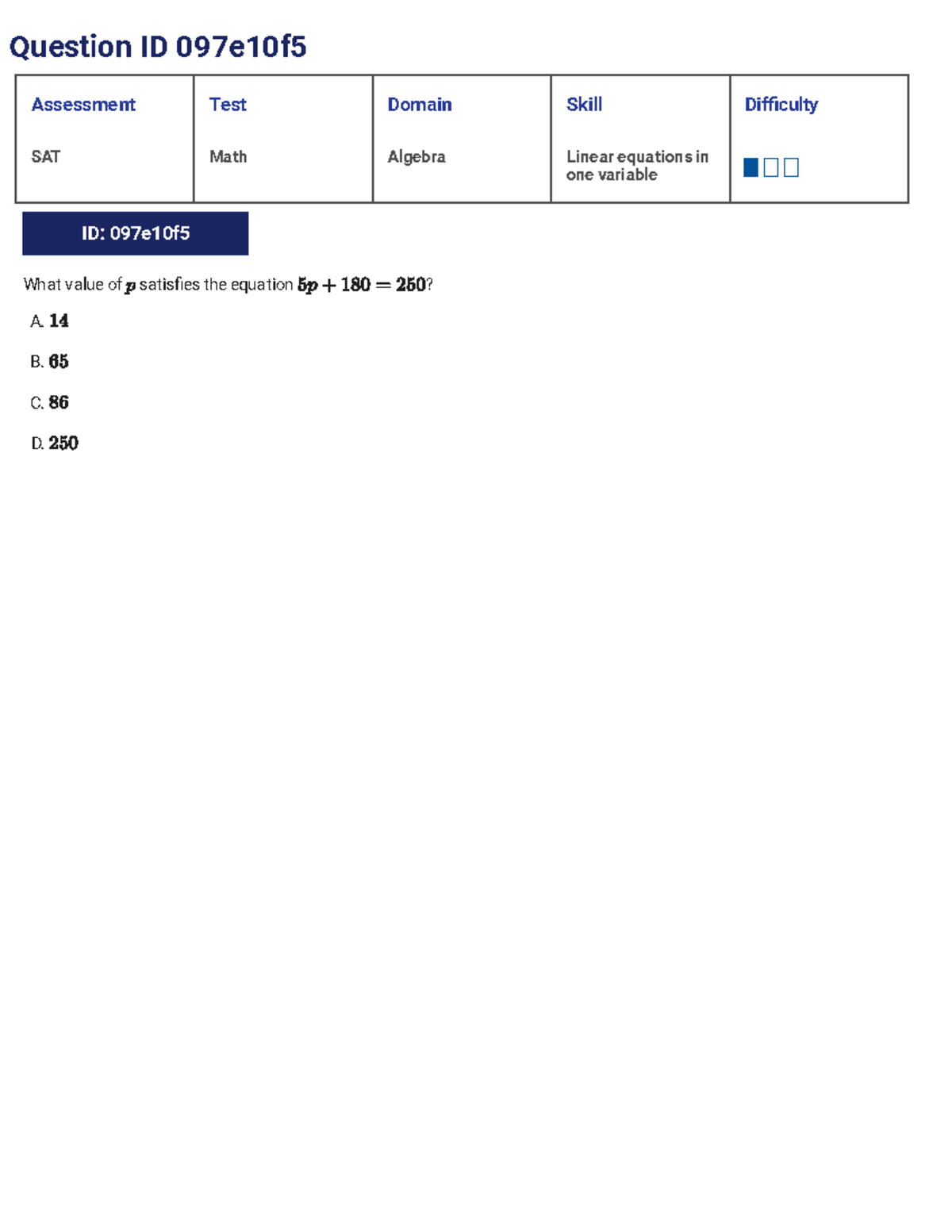 SAT Math Algebra: Linear Equations in One Variable Assessment Test ...