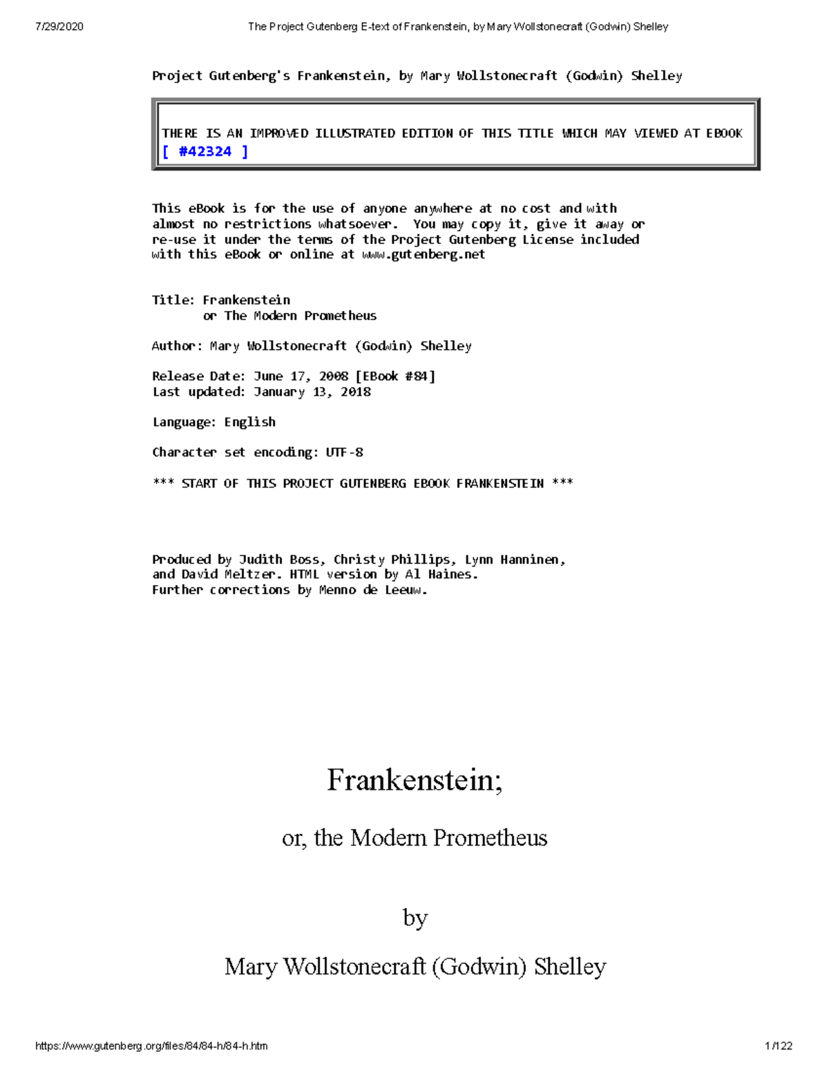 Frankenstein Full Text - Project Gutenberg's Frankenstein, by Mary ...