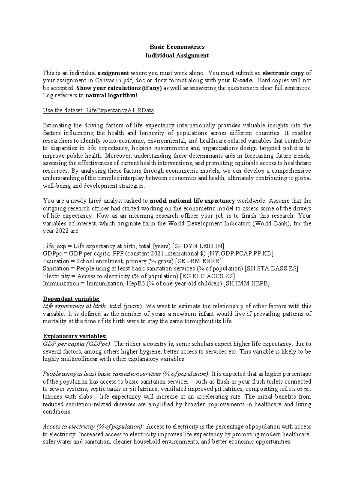 Basic Econometrics Individual Assignment - ECON1066 - Studocu