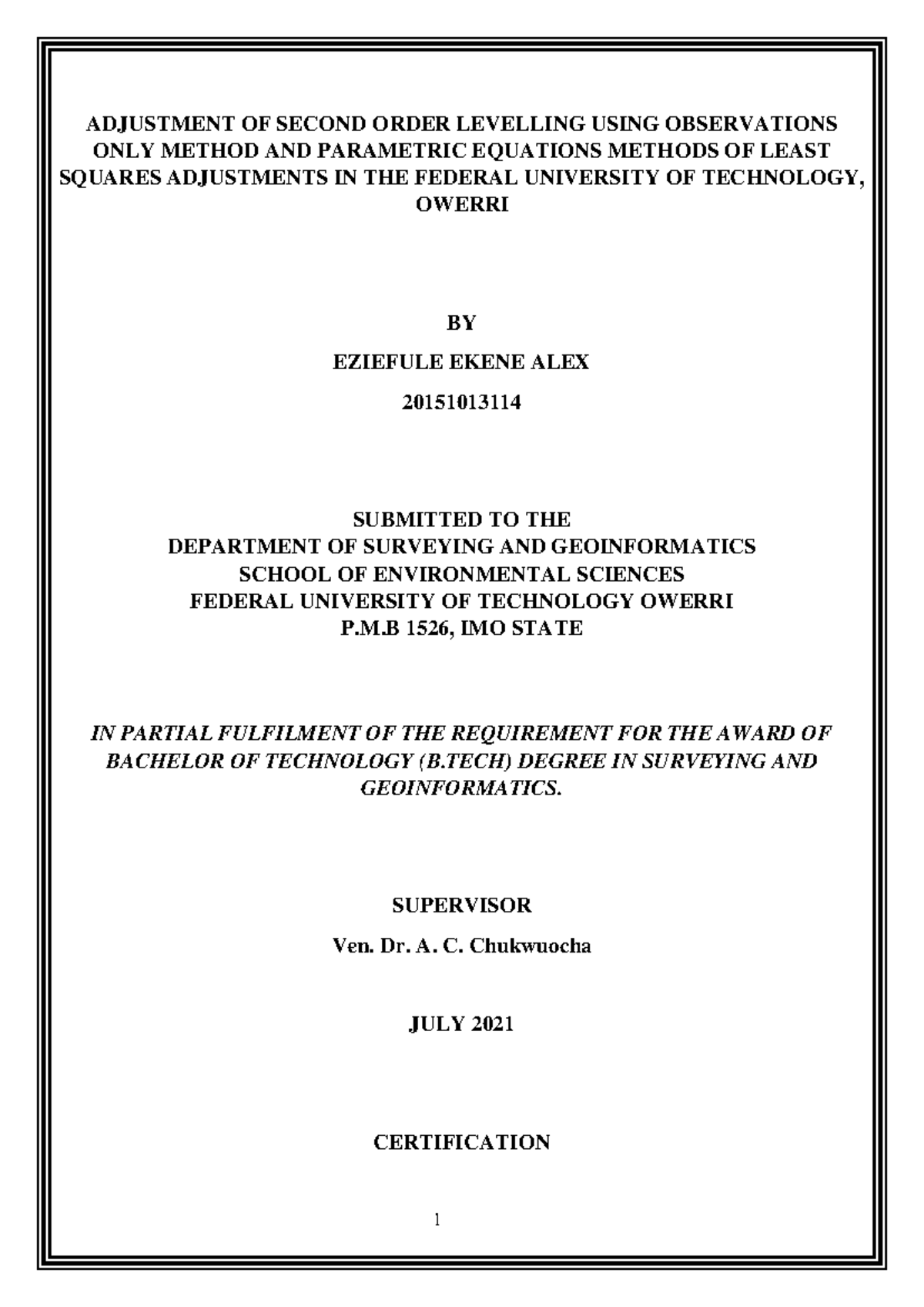 Adjustment of Second Order Levelling: Observations & Least Squares ...