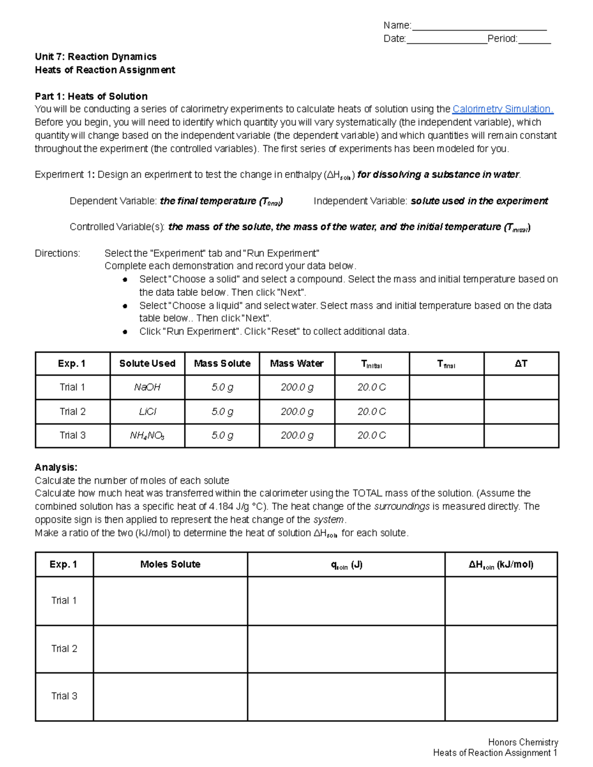 Heats of Reaction Assignment F2024 - Name:_________________________ Date:_________Period: Unit 7 ...