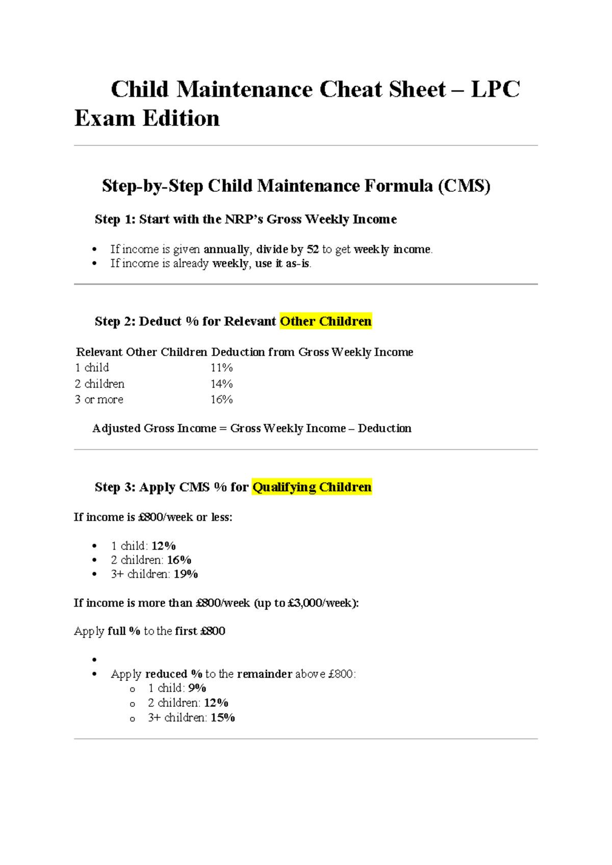 Child Maintenance Cheat Sheet LPC Exam Edition - Studocu