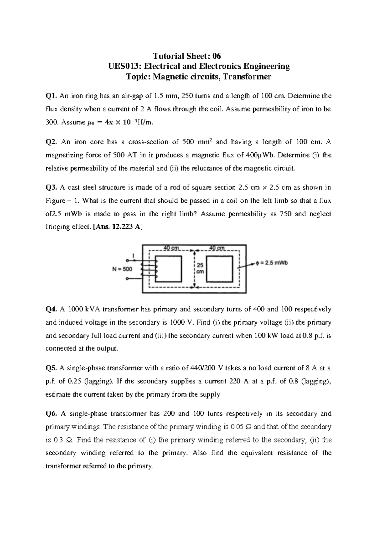 Tutorial Sheet 06 UES013: Magnetic Circuits & Transformers Analysis ...
