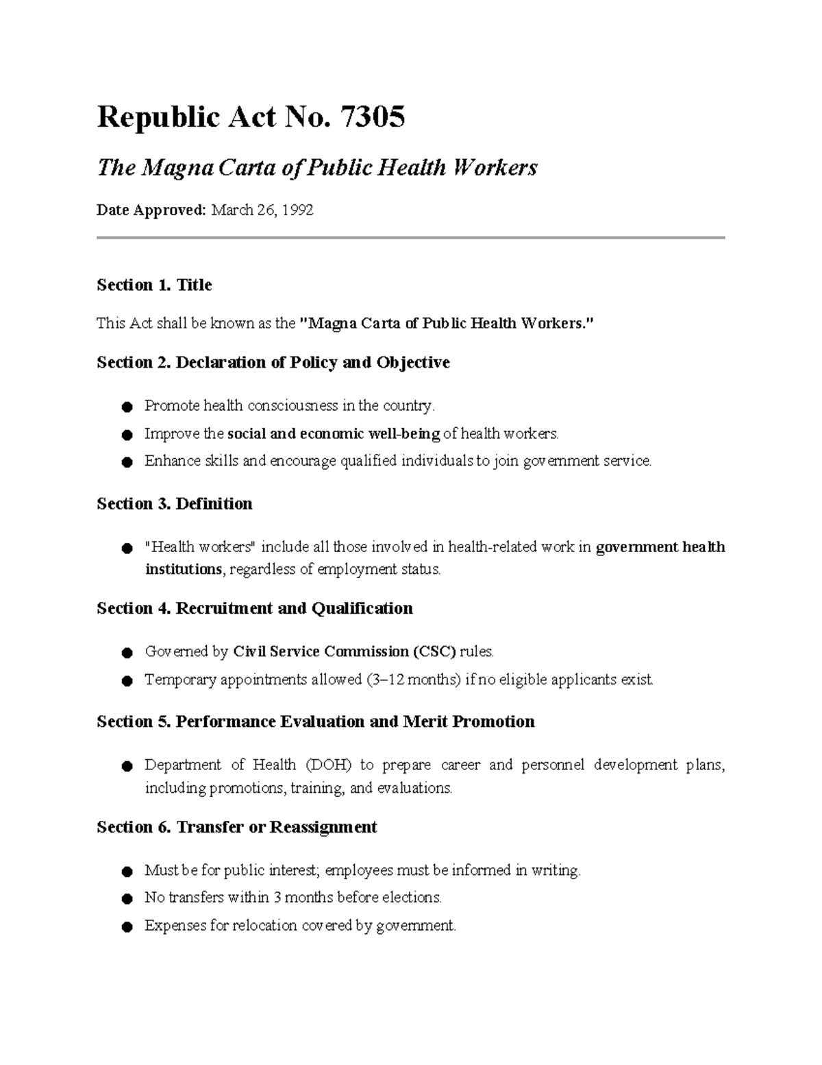 Republic Act No. 7305: Summary Reviewer for Public Health Workers - Studocu