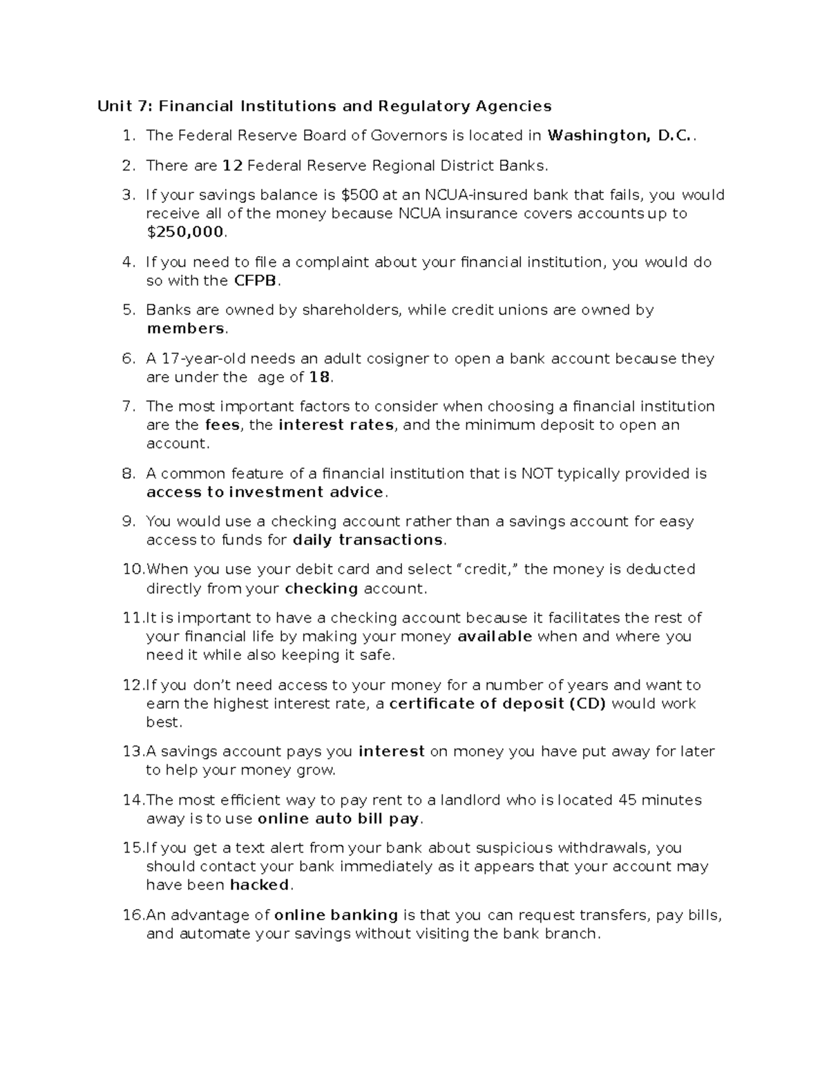 Unit 7 EPF - Financial Institutions & Regulatory Agencies Key Answers - Studocu