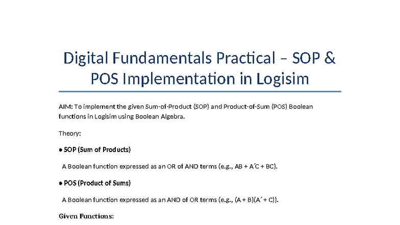 Boolean SOP & POS Implementation in Logisim - Studocu